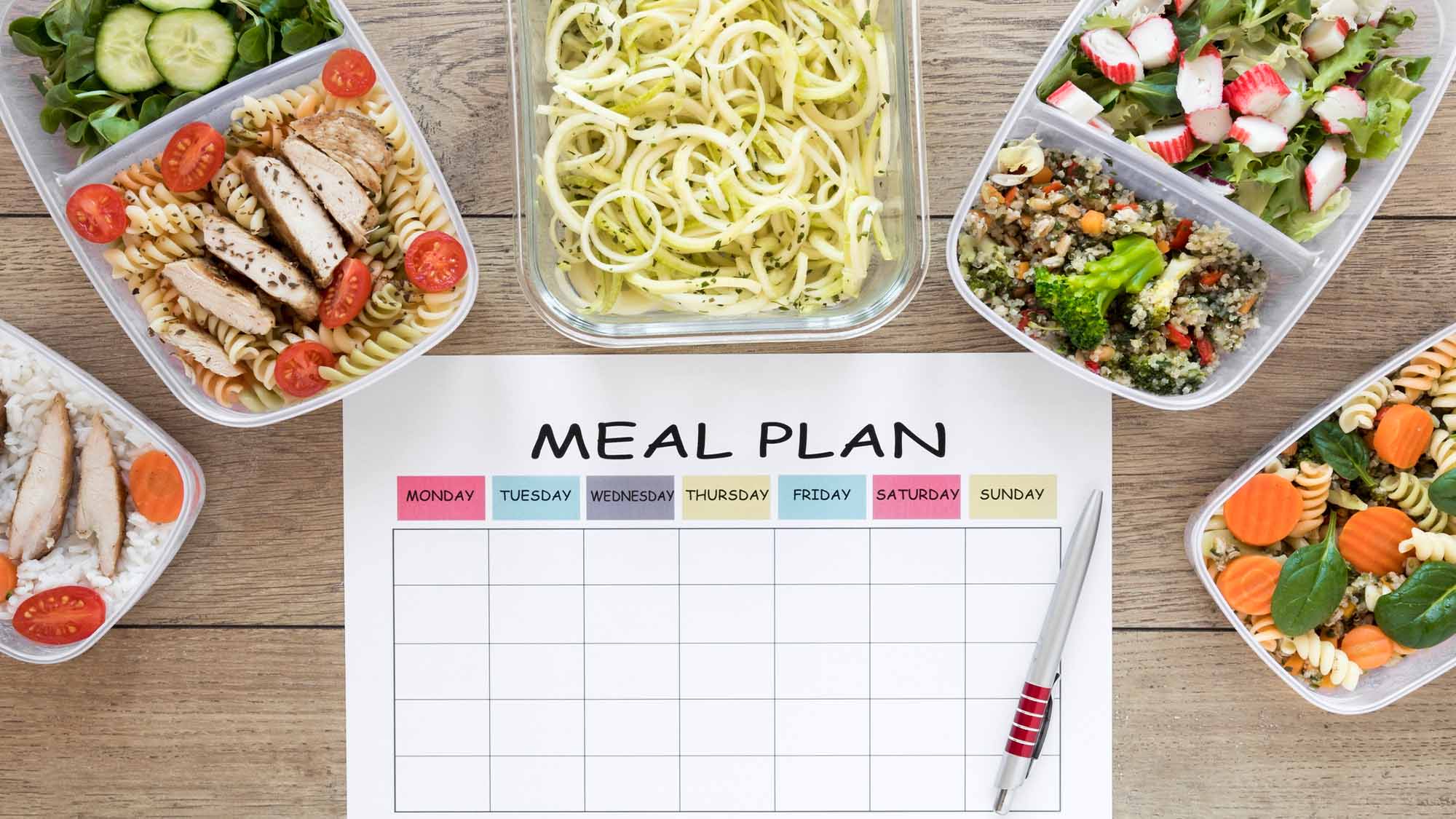 Weekly meal plan for elderly people with nourishing food containers